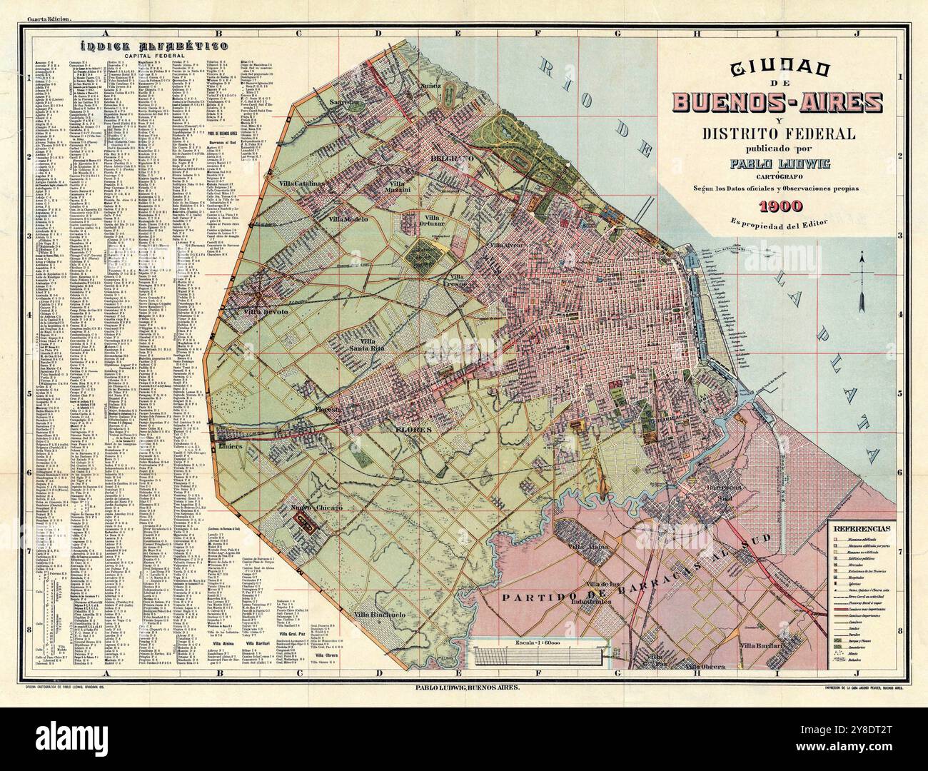 Vintage street map of Buenos Aires, Argentina, 1900, by Pablo Ludwig ...