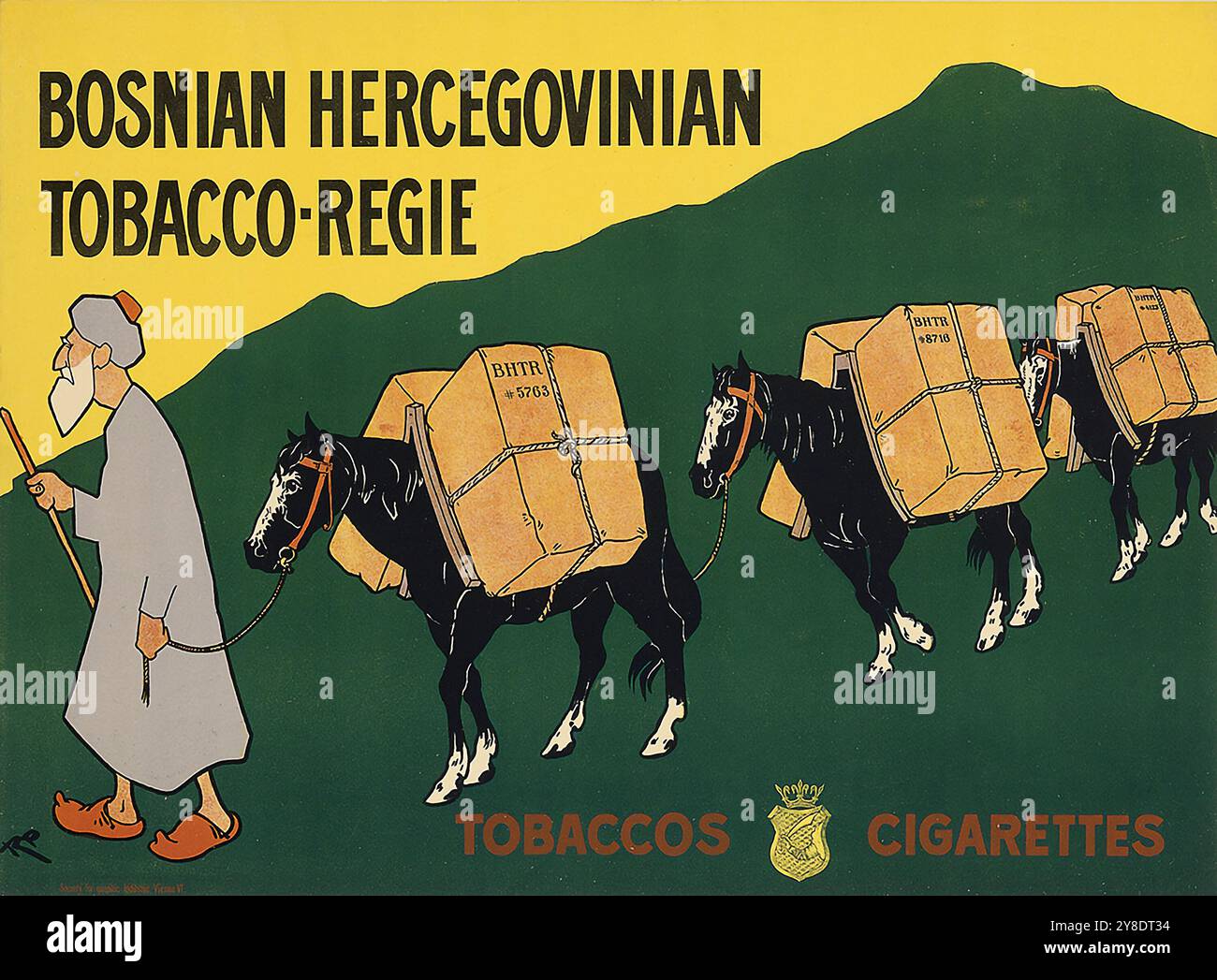 Vintage tobacco advertising poster, featuring horses carrying harvest ...