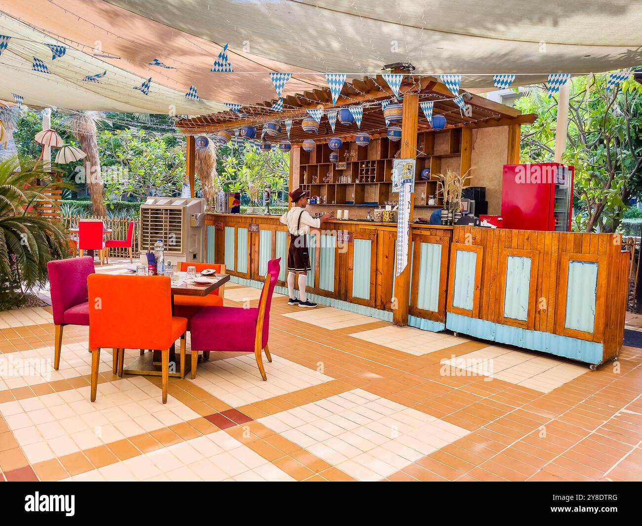 restaurant and bar preparing for Oktoberfest celebration.Doha, Qatar ...