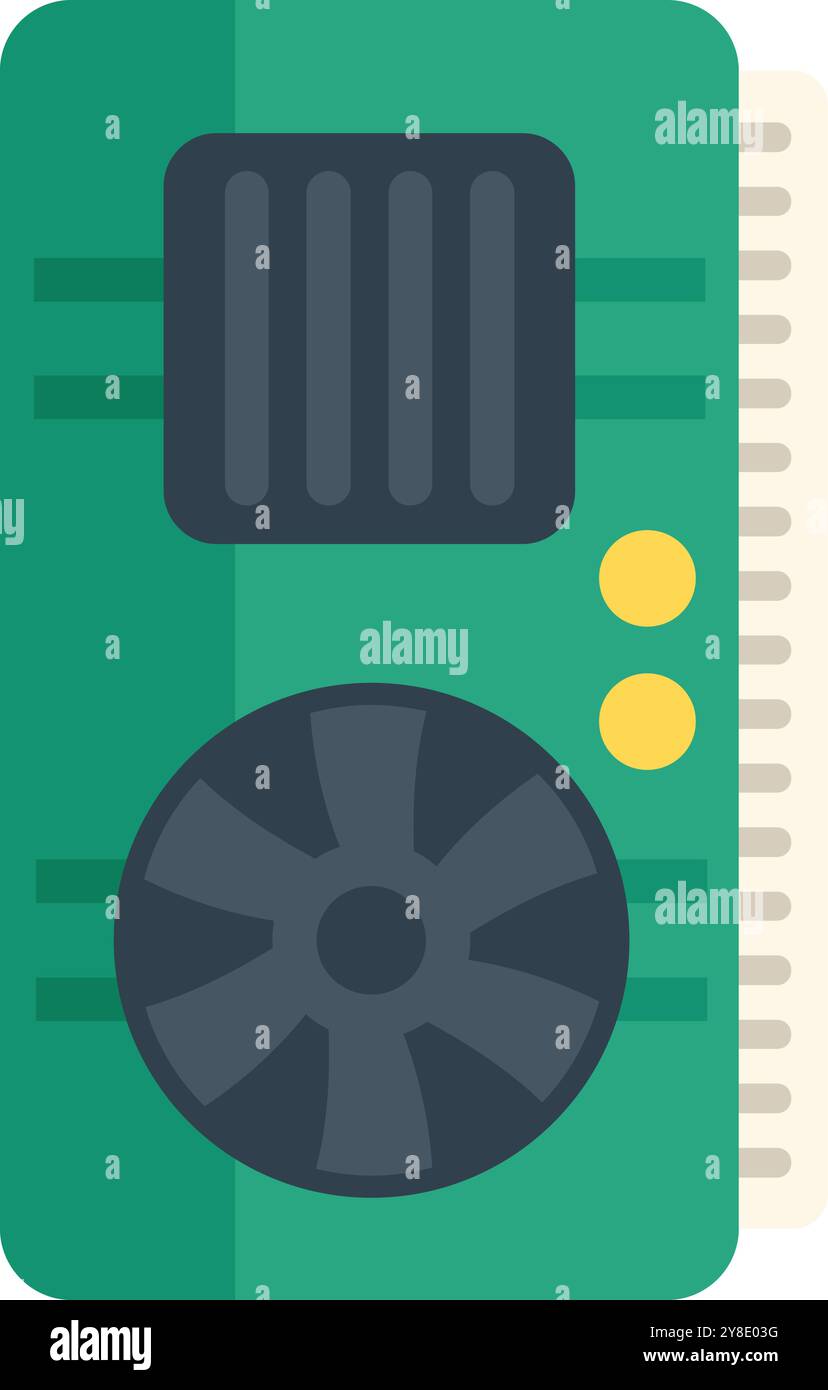 Green computer graphic card showing cooling system and connectors, in a ...
