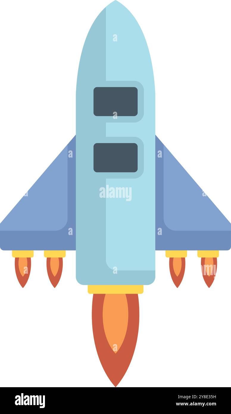 Cartoon spaceship is launching into space with flames shooting from its ...