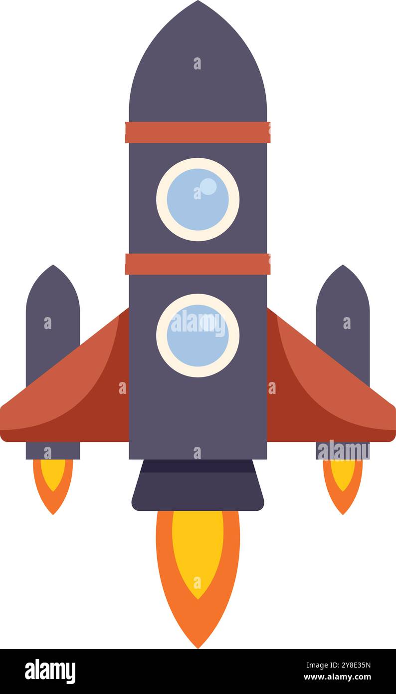 Cartoon spaceship is launching into space with flames shooting from its ...