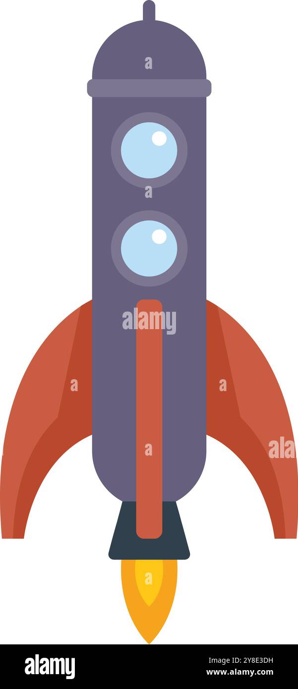 Cartoon rocket ship is launching into space, leaving a trail of fire ...