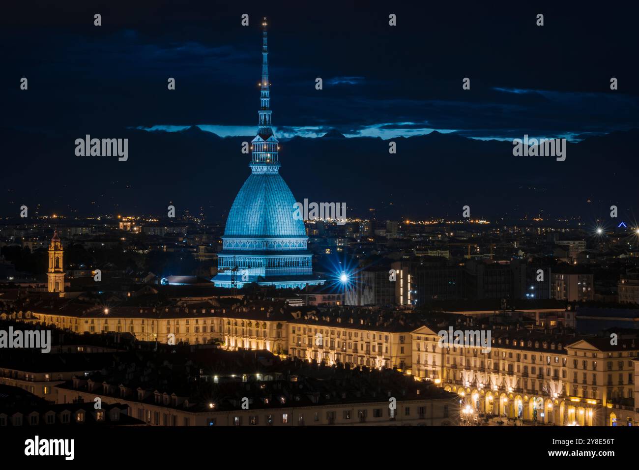 Night view of Torino with the iconic Mole Antonelliana from the Monte ...