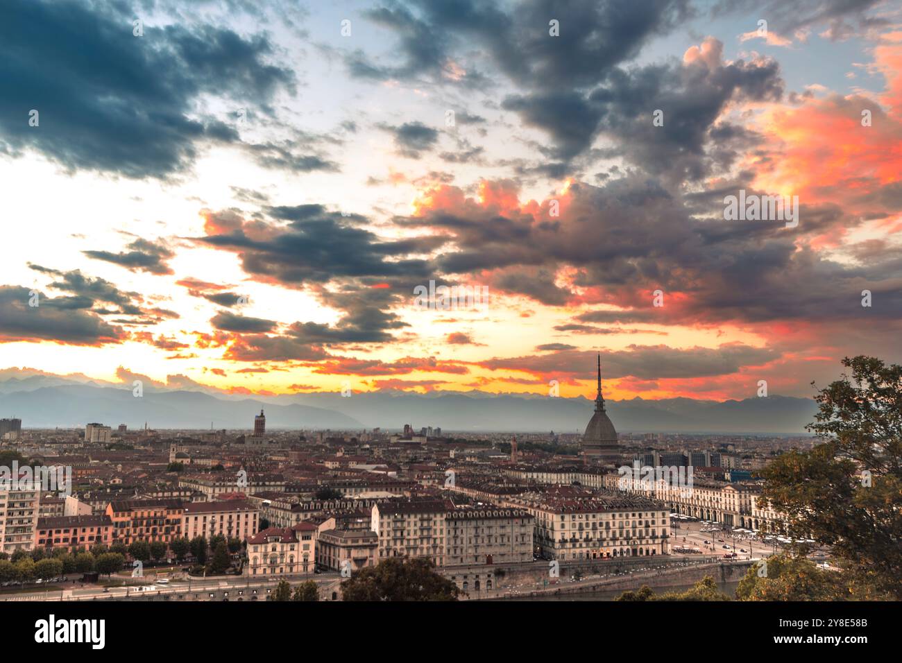 View of Torino with the iconic Mole Antonelliana at the sunset Stock ...