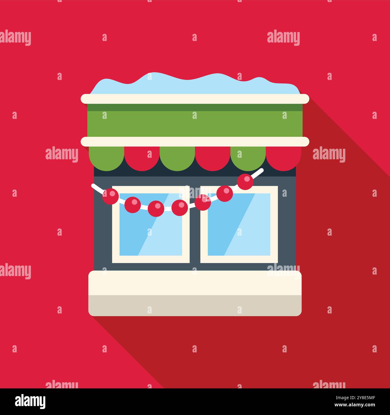 Christmas store front with snow on roof and garland decoration, flat ...