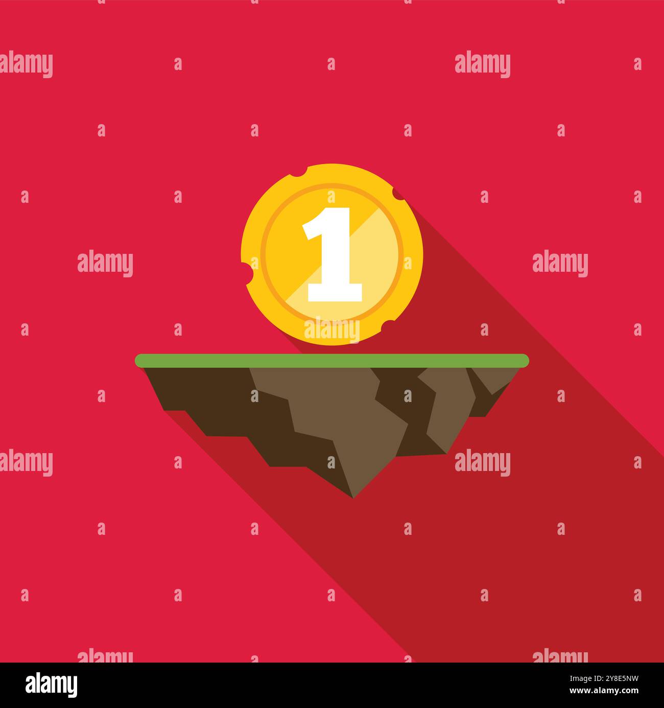 Gold coin with number one is floating on small piece of ground ...