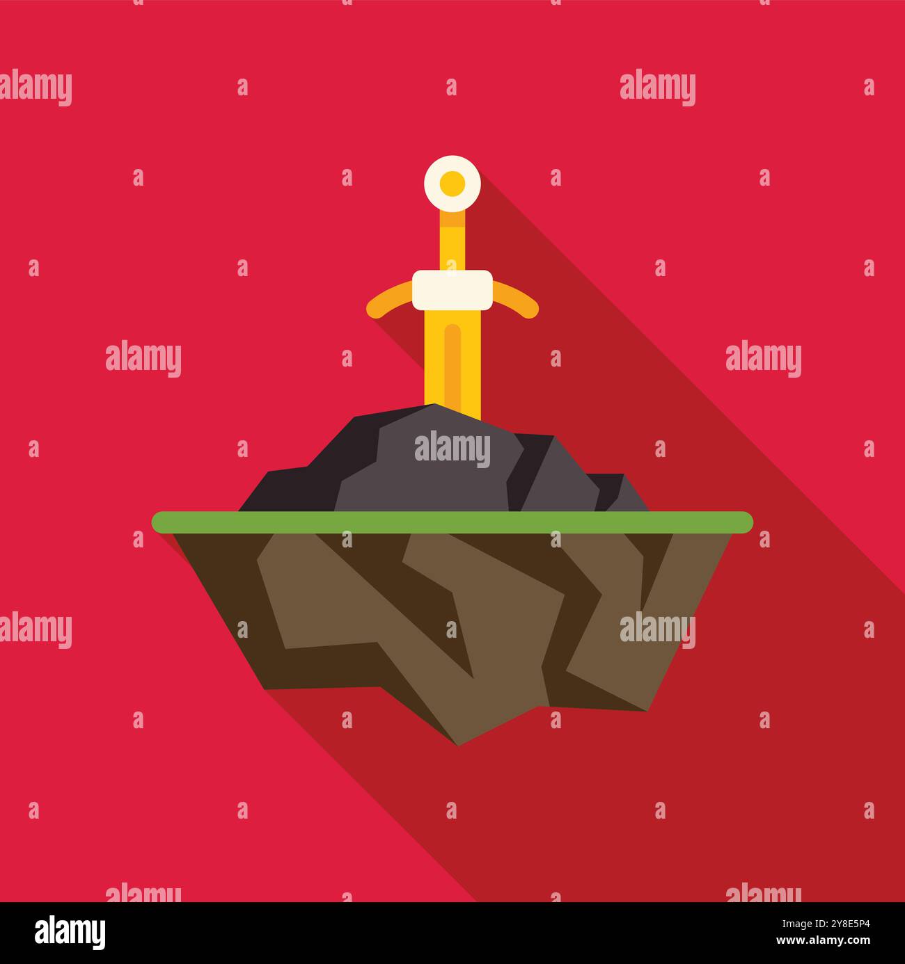 Golden sword standing on a rock on floating land icon in flat style on ...