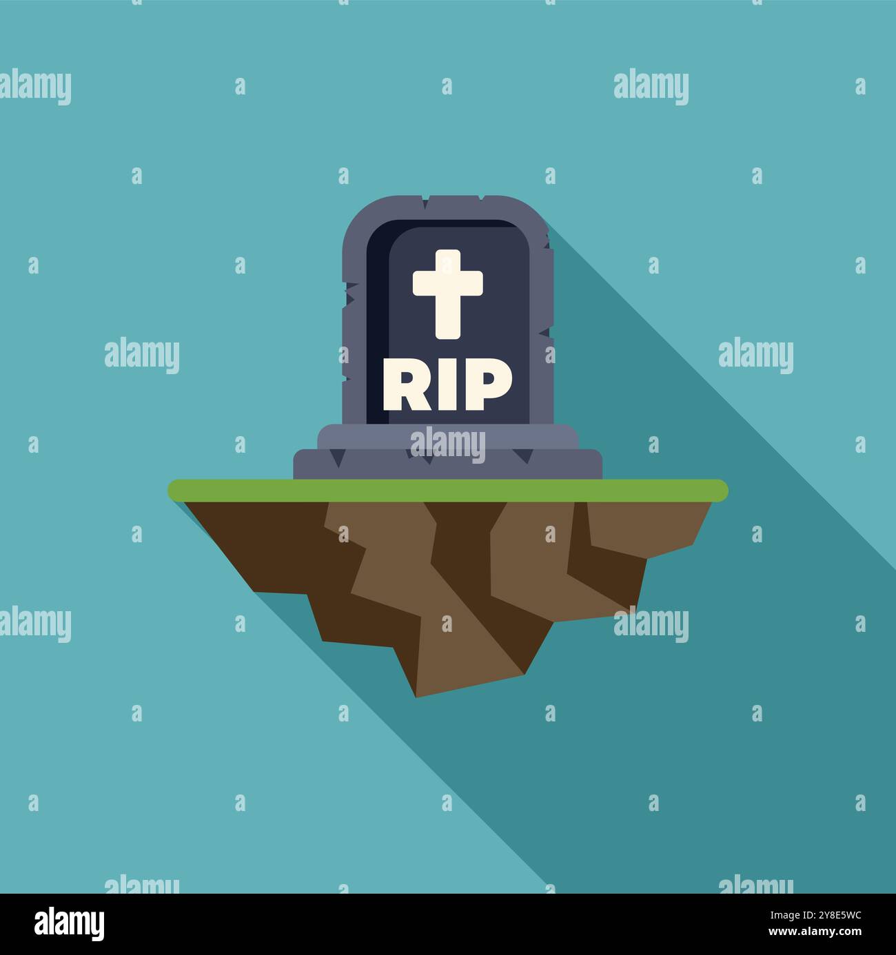 Gravestone with rip epitaph standing on a piece of ground floating in ...