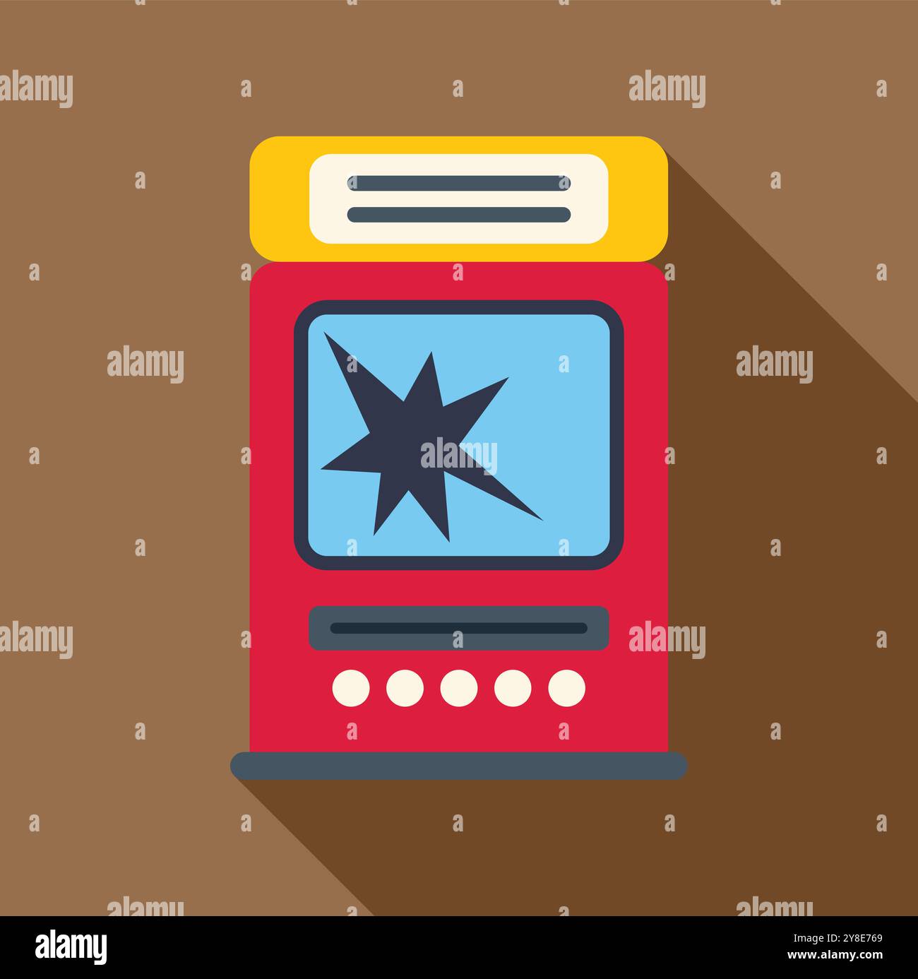 Retro arcade game machine with a broken screen displaying an explosion ...