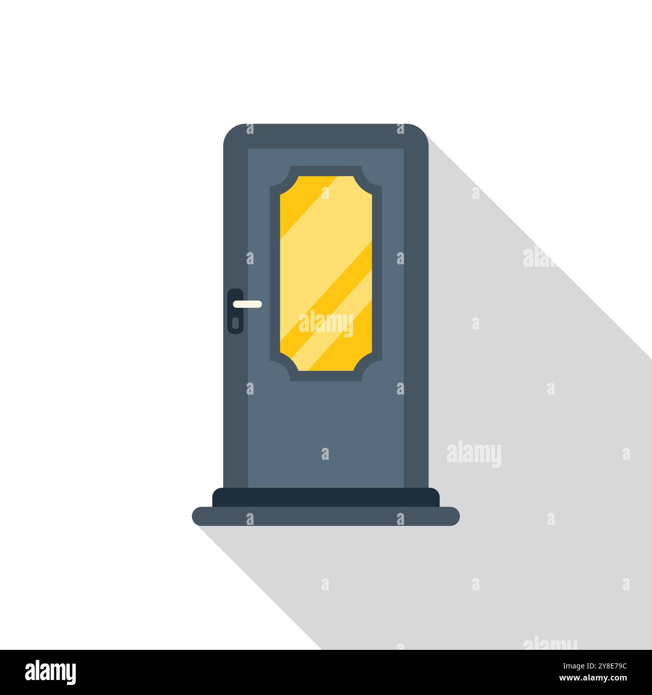 Simple flat design icon of a closed door with a window, a handle, and a ...