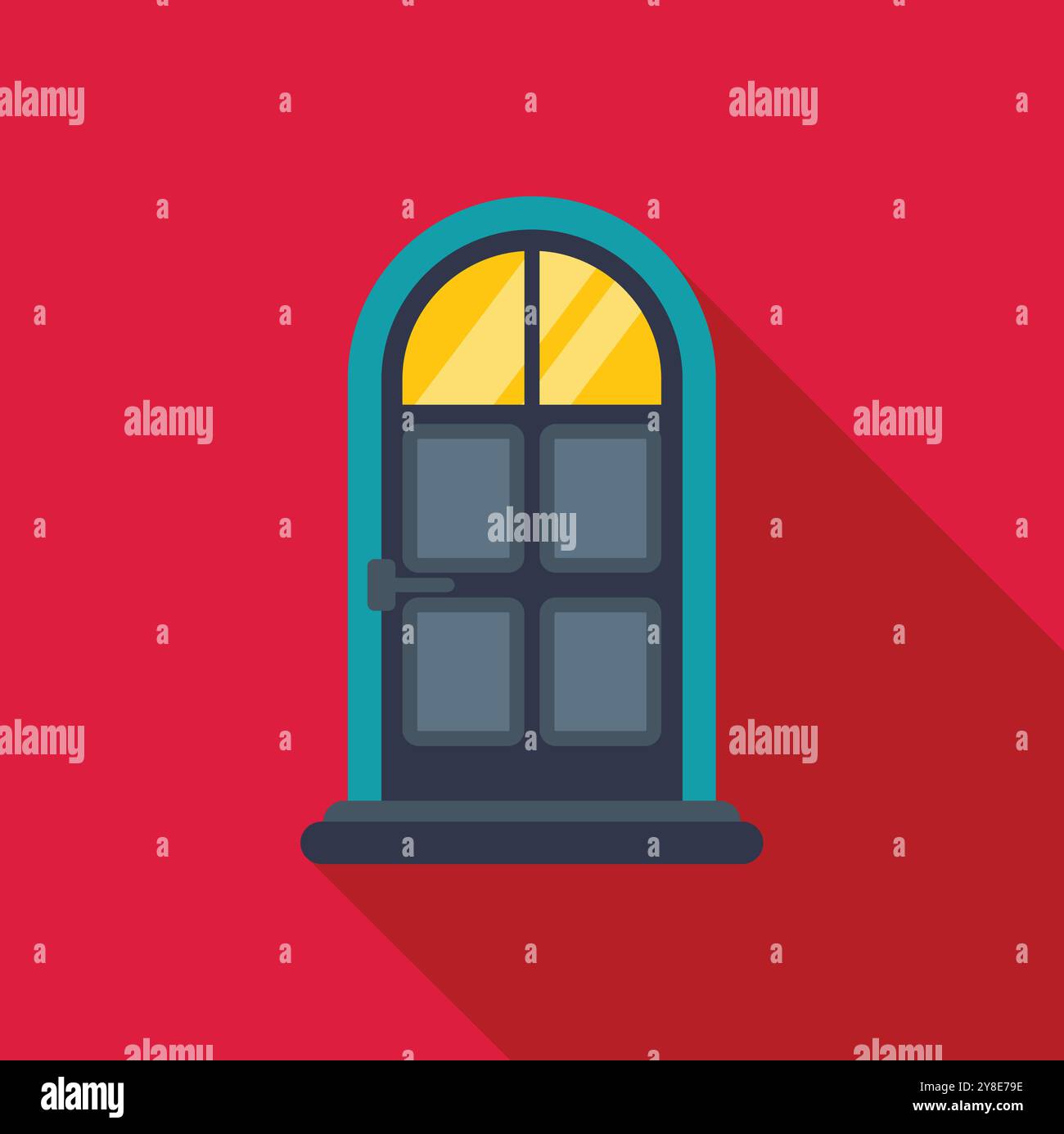 Arched door with a transom window is casting a long shadow on a red ...