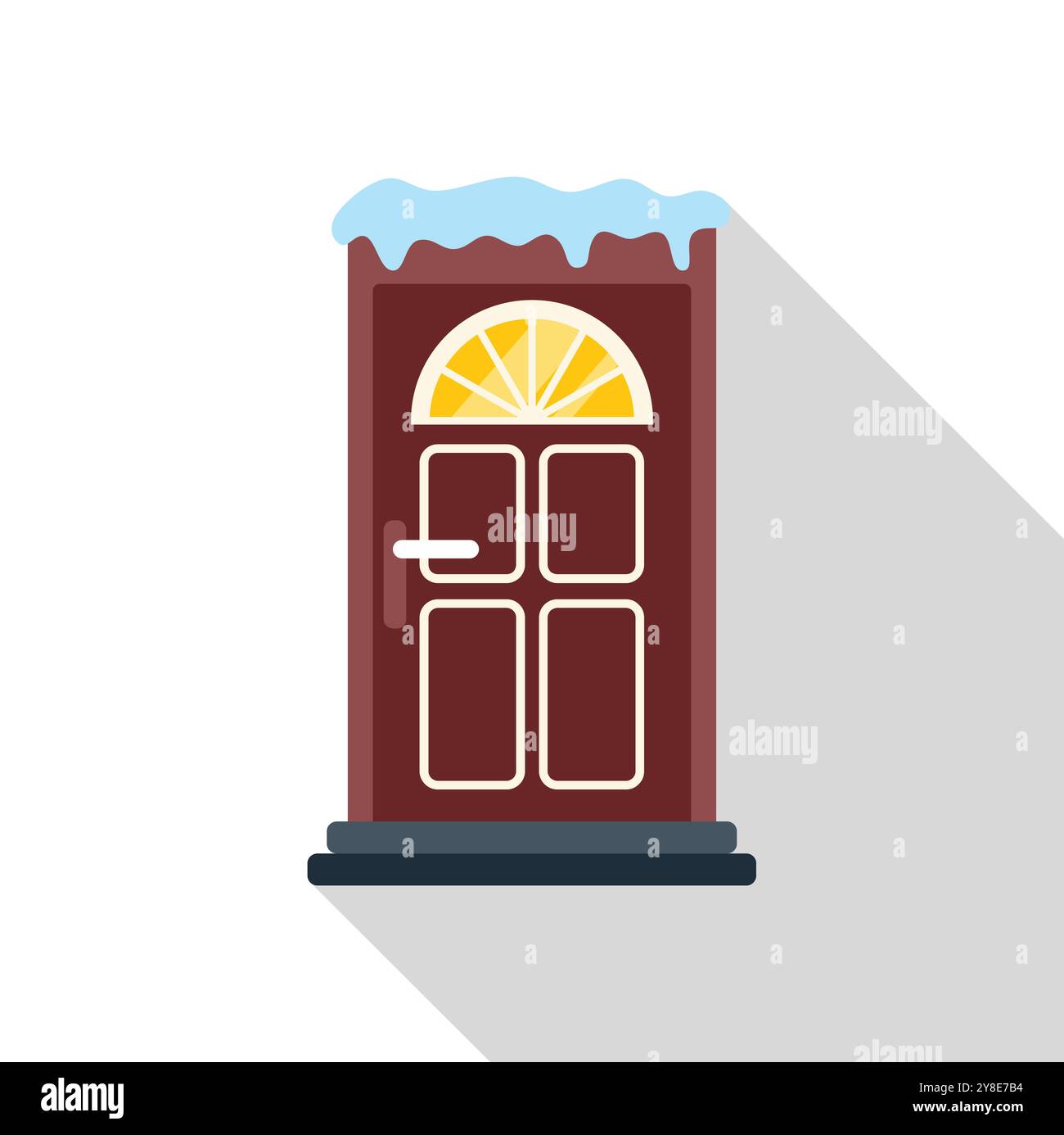 Brown wooden front door covered with snow having semicircular transom ...