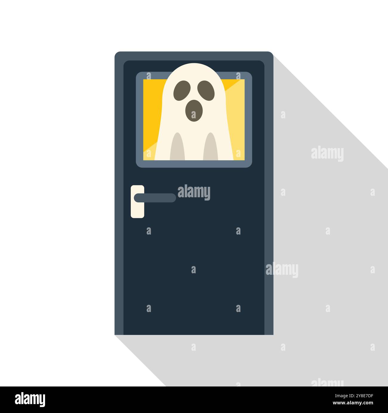 Cartoon illustration of a ghost looking through a door window Stock ...