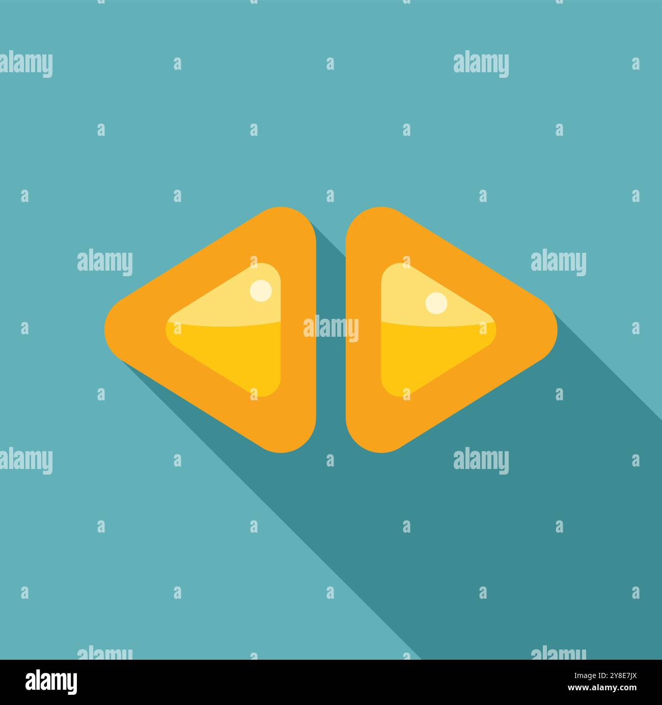 Yellow double backwards button icon in flat style with long shadow on a ...
