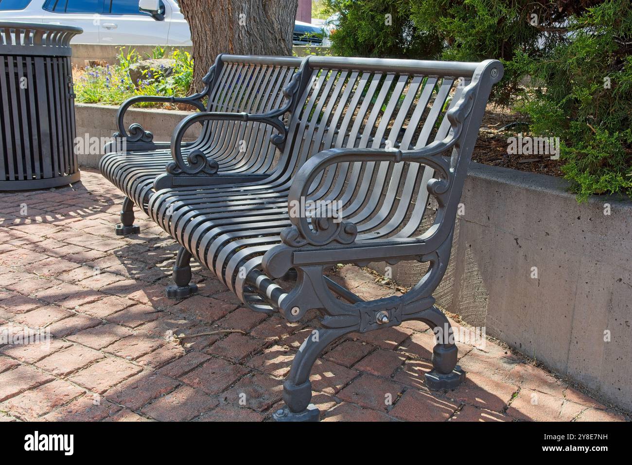 Street side park bench on sidewalk under dappled light Stock Photo - Alamy