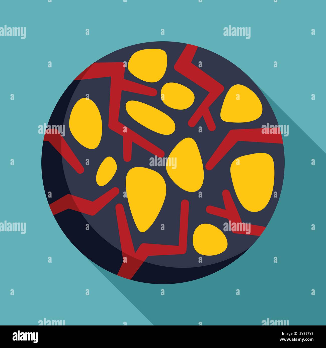 Round stone showing volcanic textures with red hot cracks and yellow ...