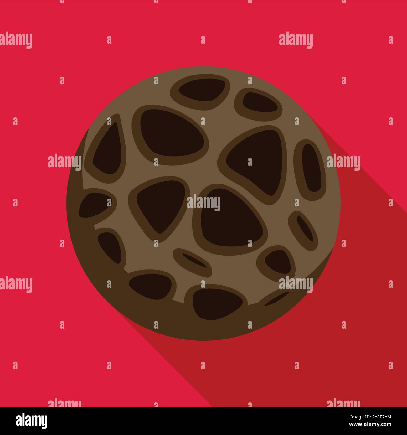 Illustration of a planet with craters casting a long shadow on a red ...