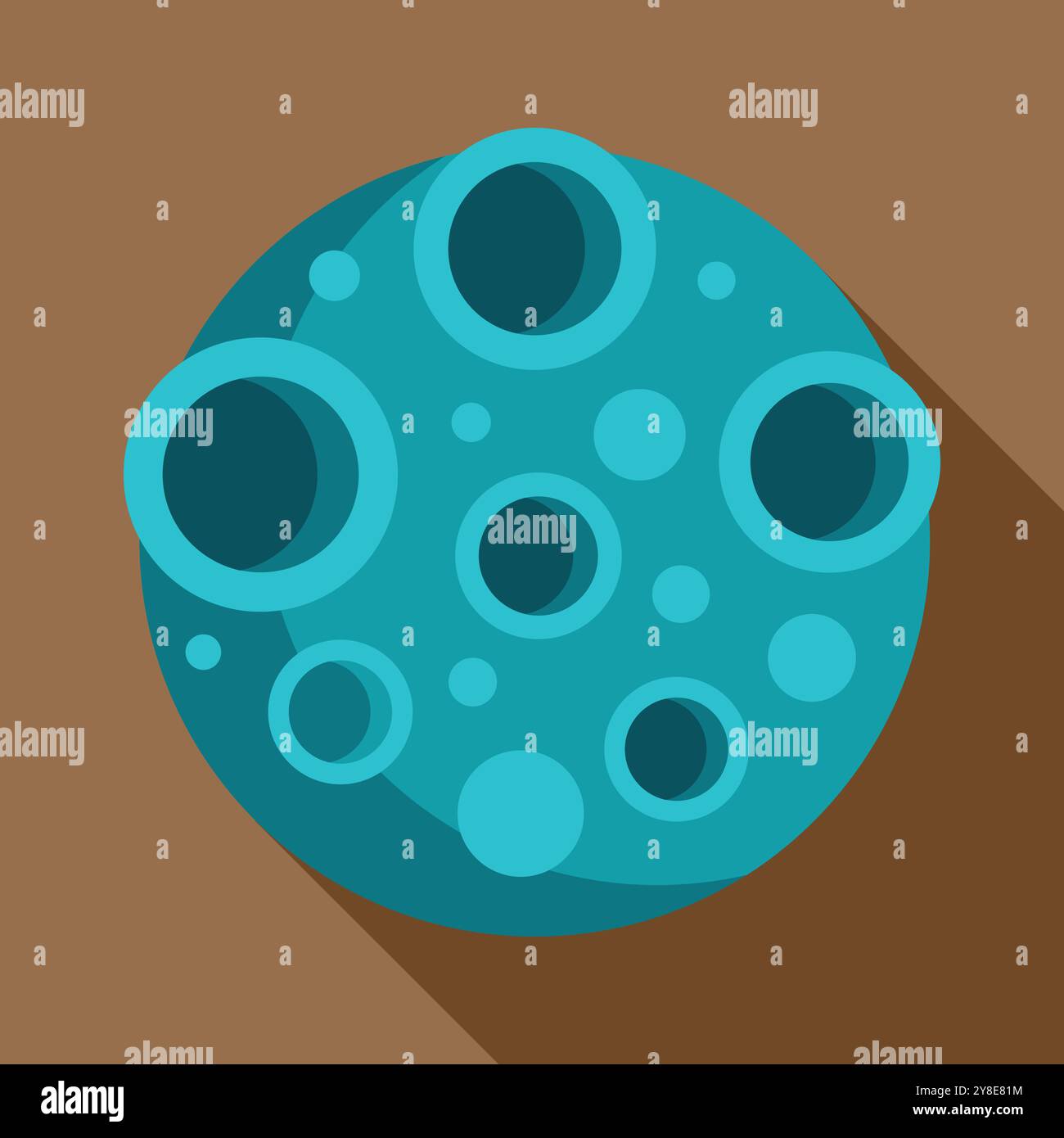 Blue planet with craters casting a long shadow, representing a ...