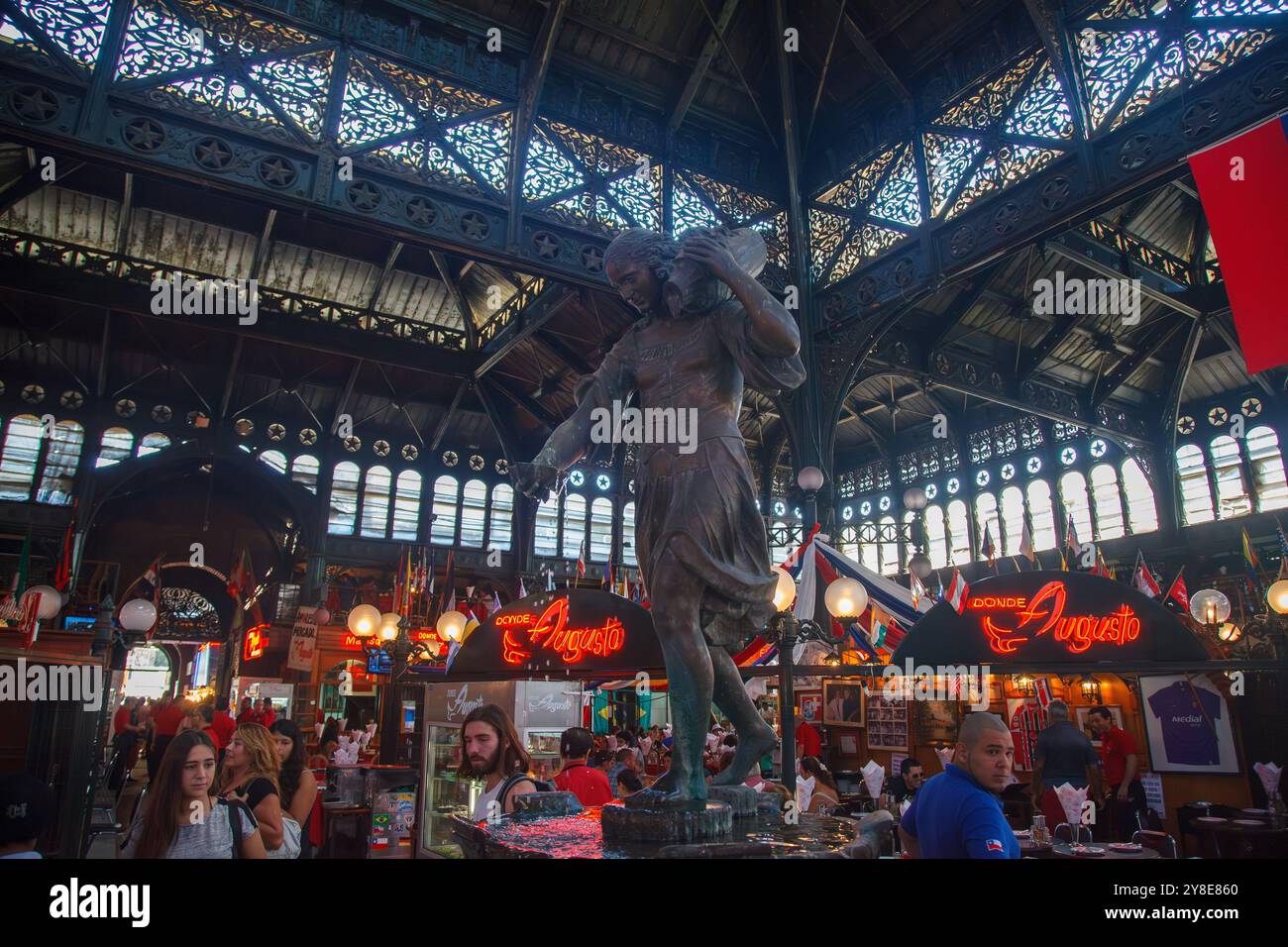 Inside Santiago Central Market historical buiding with its statue and ...