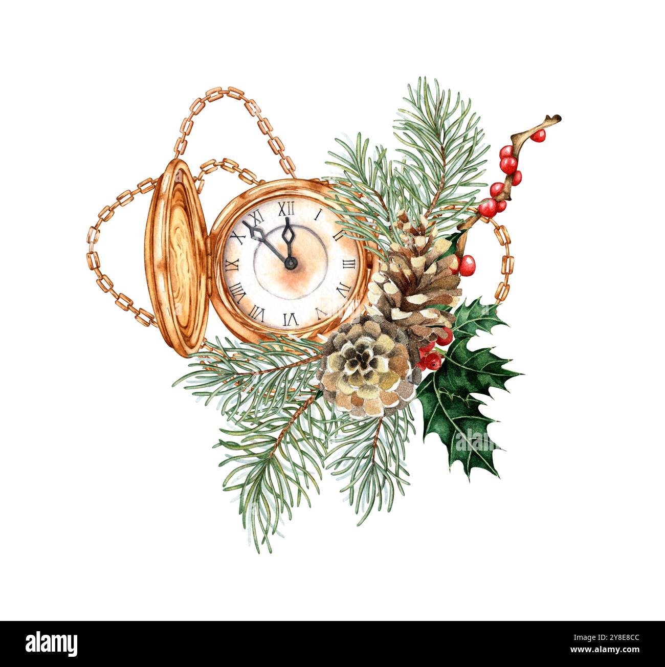 Gold pocket watch with open cover and on a long chain in fir branches ...