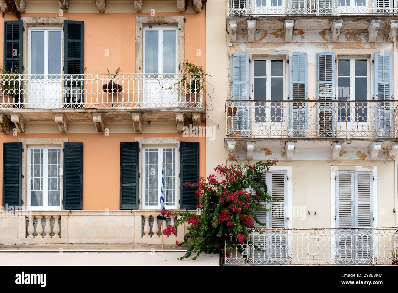 Facade of beautiful buildings in Corfu town, Greece Stock Photo - Alamy