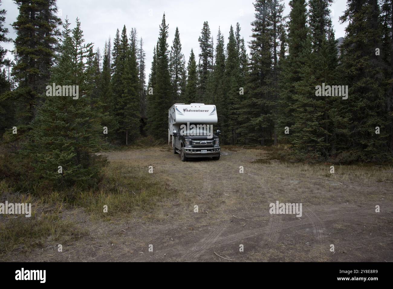truck camper at the shores of North Saskatchewan Riverat the foothills ...