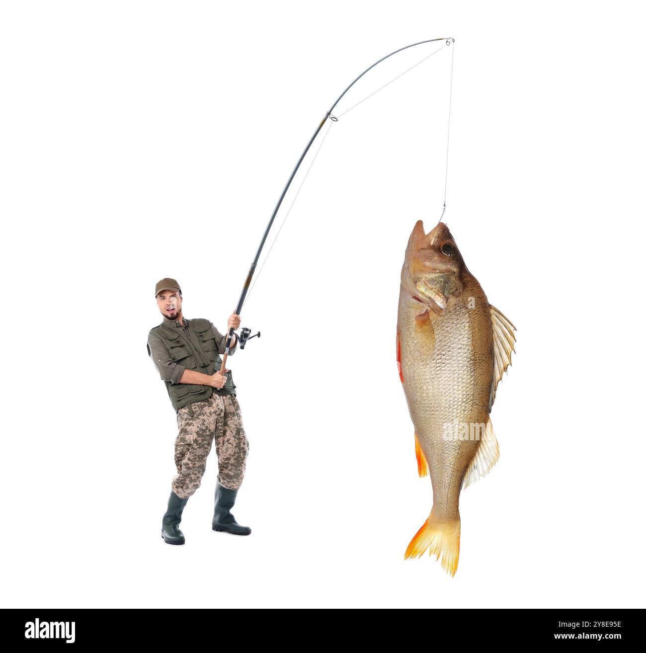 Fisherman in rubber boots catching fish on white background Stock Photo ...