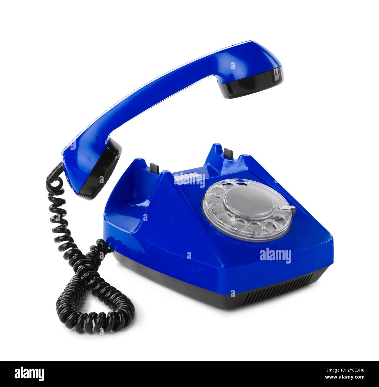 Old blue telephone with rotary dial isolated on white Stock Photo - Alamy