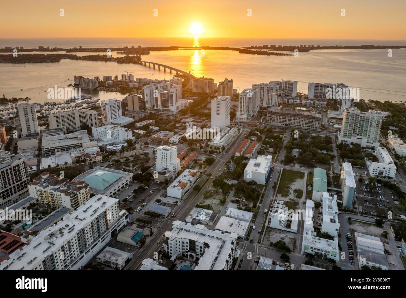 Above view of Sarasota city, Florida with waterfront office high-rise ...
