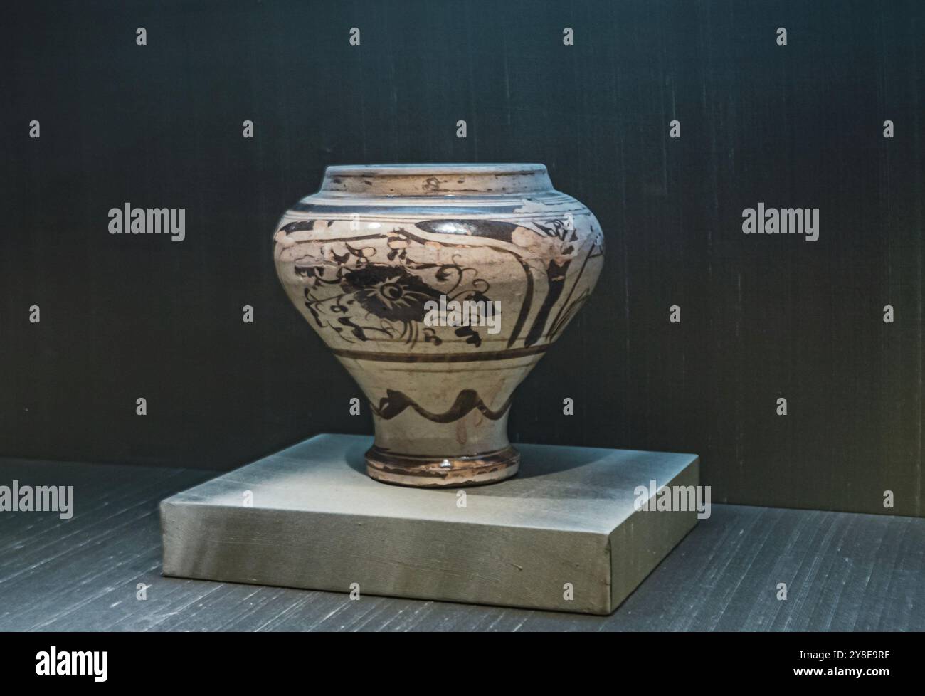 Ancient pottery decorated with intricate designs displayed in a museum ...
