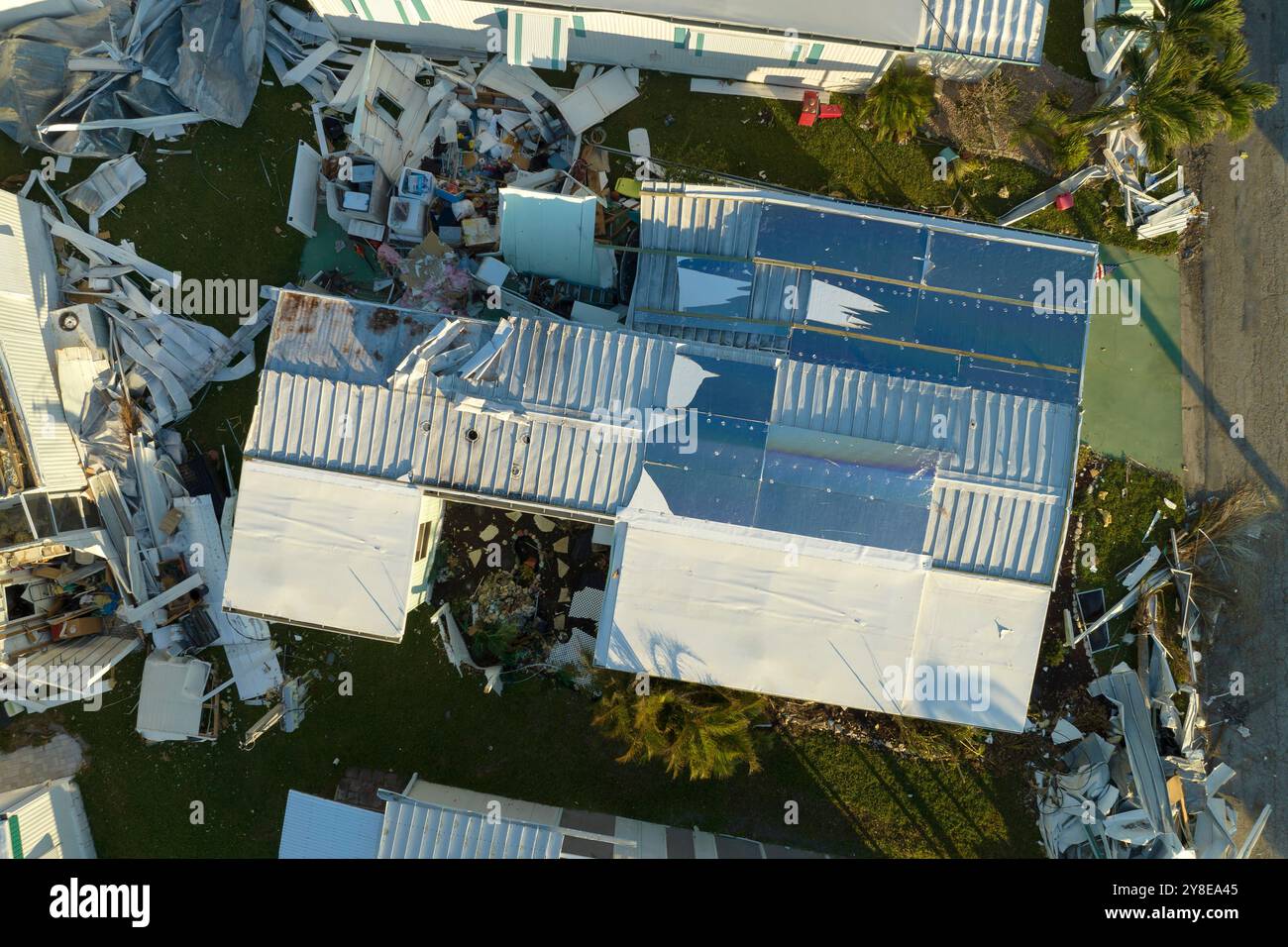 Aerial view of natural disaster consequences in Florida Southwest region. Severely damaged by ...