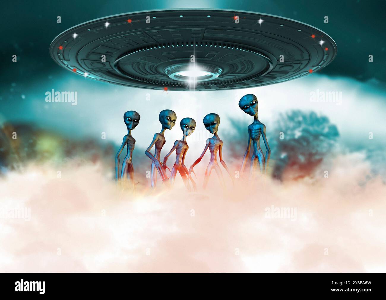 Illustration of an unidentified flying object (UFO) and aliens Stock ...