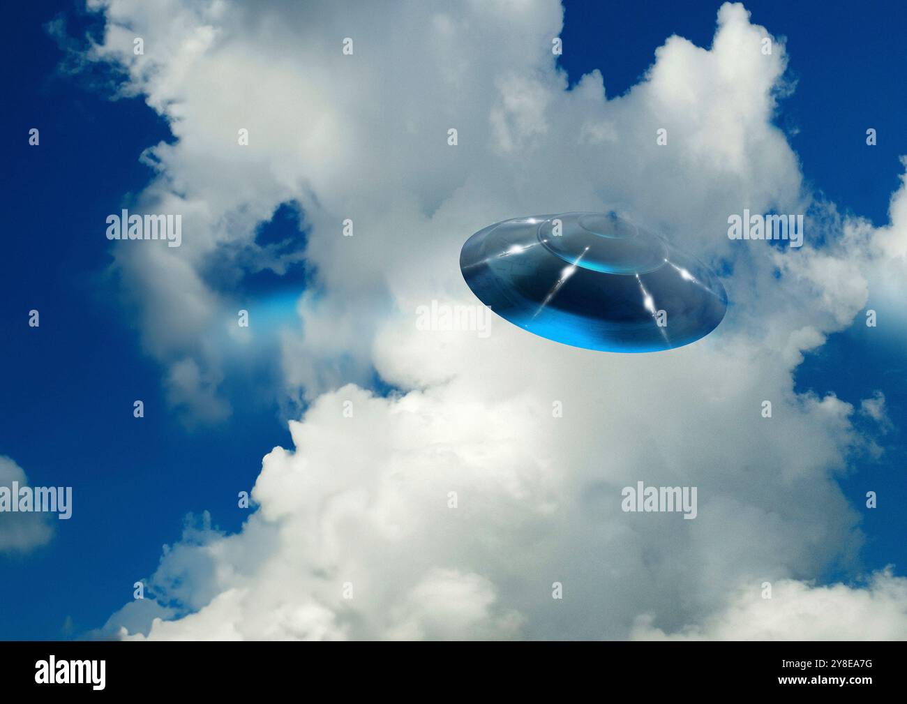 Illustration of an unidentified flying object (UFO) in flight through ...
