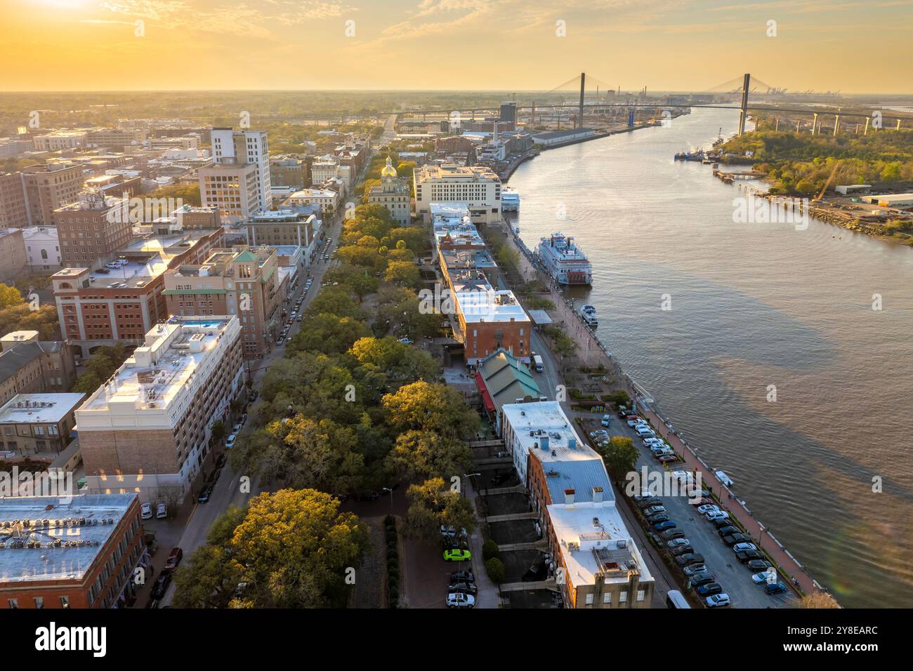 Aerial view of Savannah, old historical city in Georgia. River Street ...