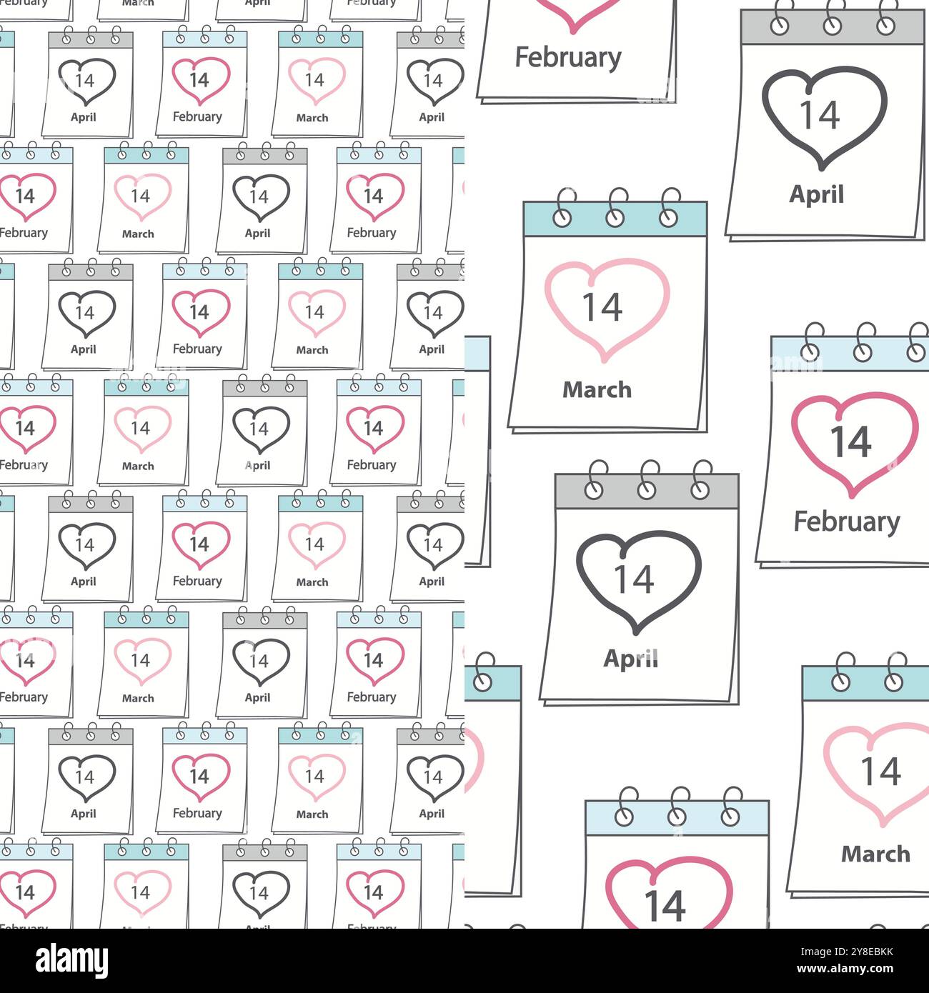 Calendar pages with date February, March, April 14 and heart shape ...