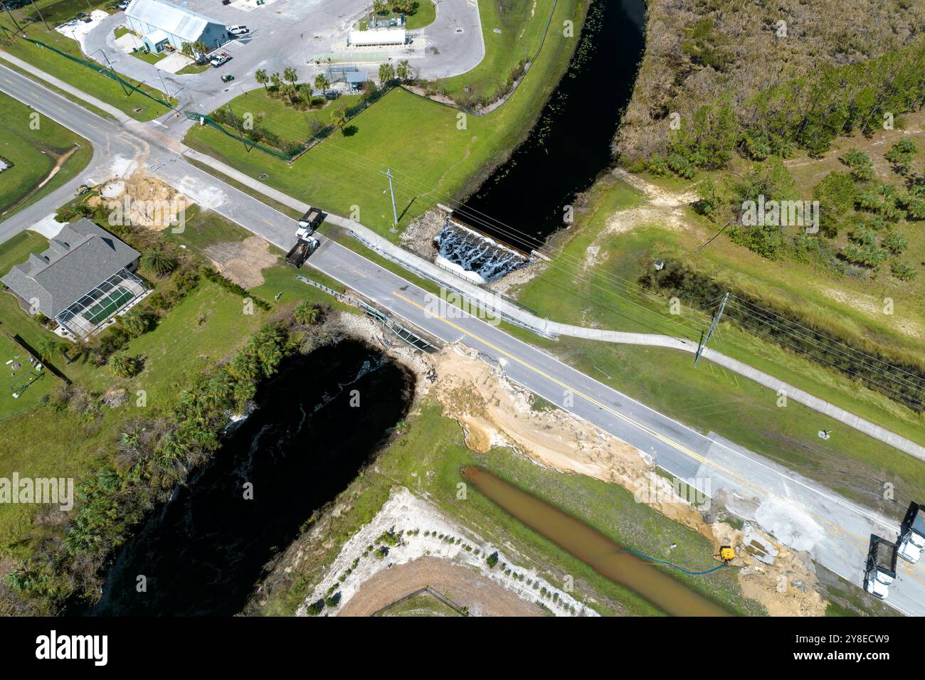 Repair of destroyed bridge after hurricane flood in Florida ...