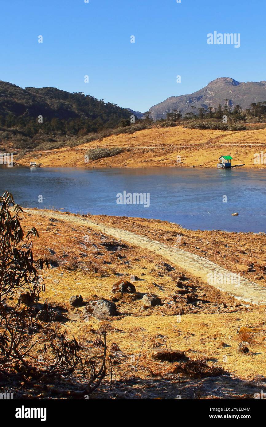 scenic alpine meadows and beautiful pt tso or penga teng tso lake ...