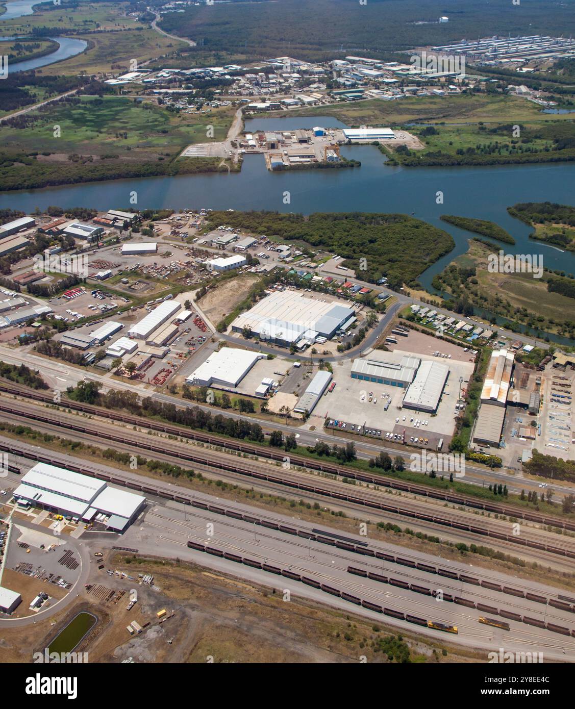 Aerial view of heavy rail and the Hunter River industrial area at ...
