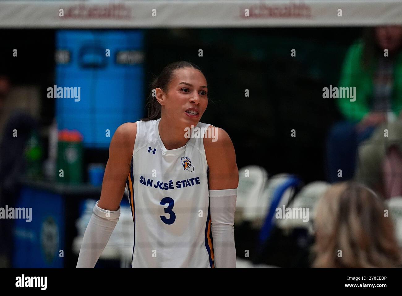 San Jose State outer hitter Blaire Fleming reacts in the first set of ...