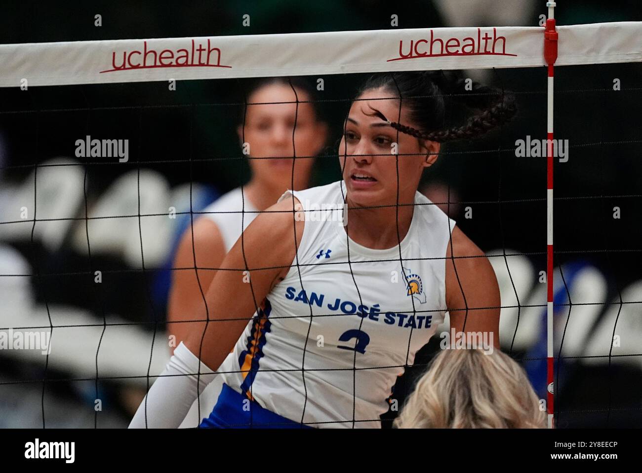 San Jose State right side player Brooke Bryant reacts in the first set ...