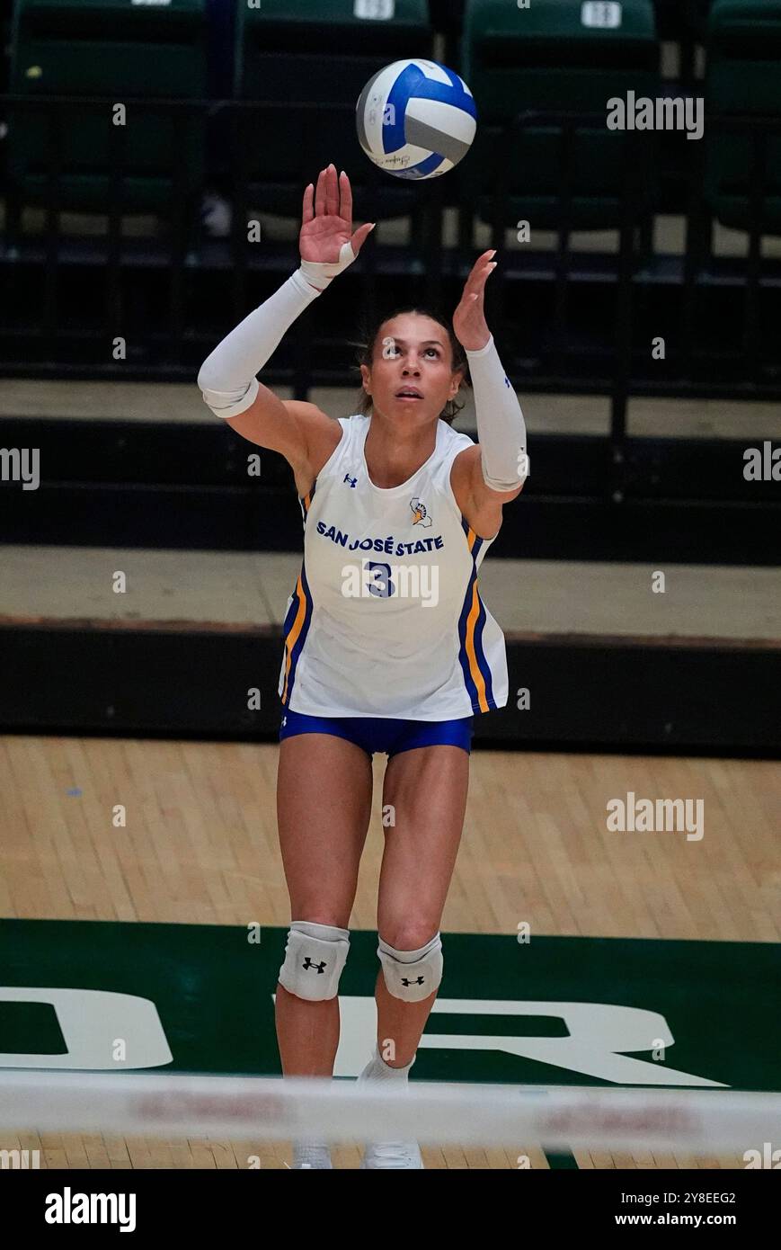 San Jose State outer hitter Blaire Fleming serves the ball in the first ...