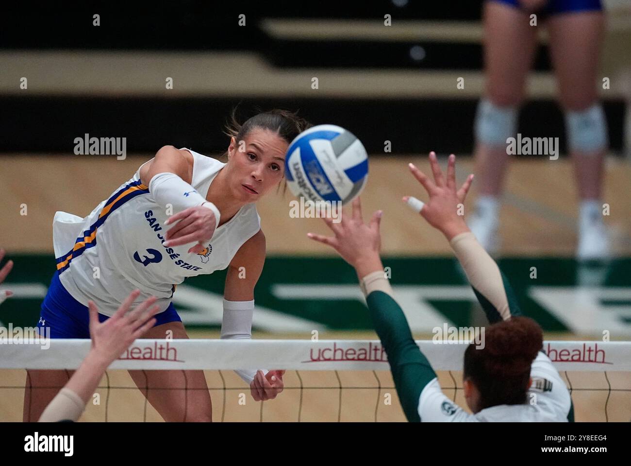 San Jose State outer hitter Blaire Fleming returns the ball to Colorado ...