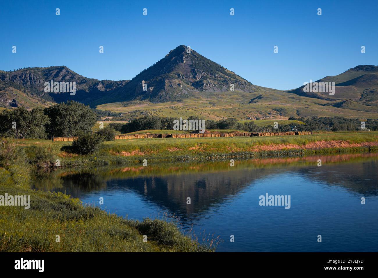 Finigan Mountain, reflects in Missouri River, viewed from Pelican Point ...
