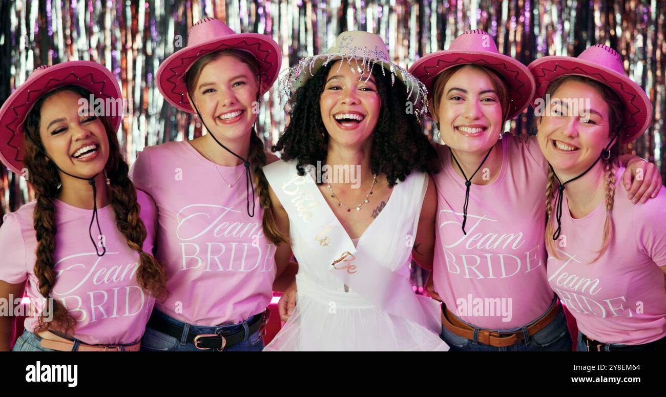 Bachelorette party, bridesmaids and portrait of women at club for bride ...