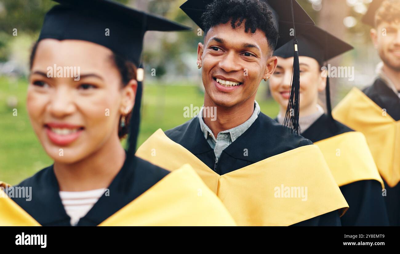 Waiting, graduation and people outdoor at university for achievement in ...