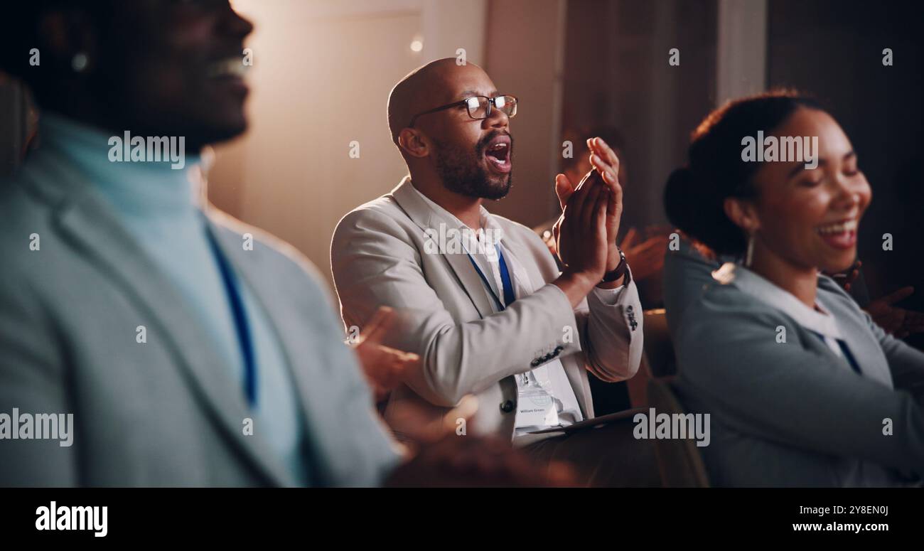 Business, man and people with applause at seminar for success, profit ...