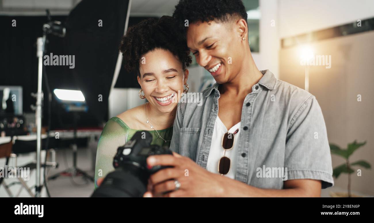 Photography, team and smile with people in studio for magazine ...