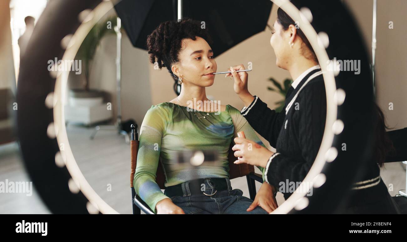 Artist, studio and makeup for woman, photoshoot and preparing for ...