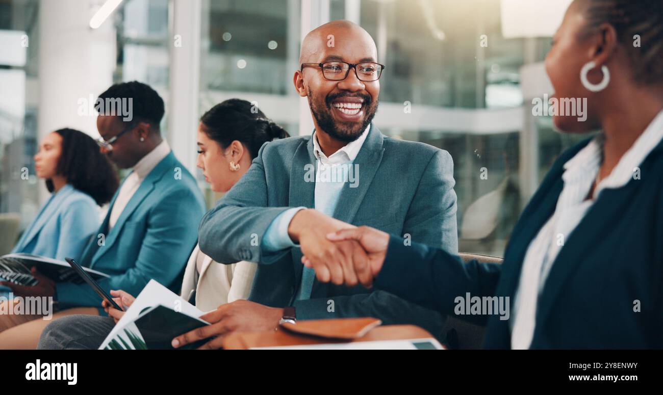 Happy, business and people with handshake for interview, candidates ...